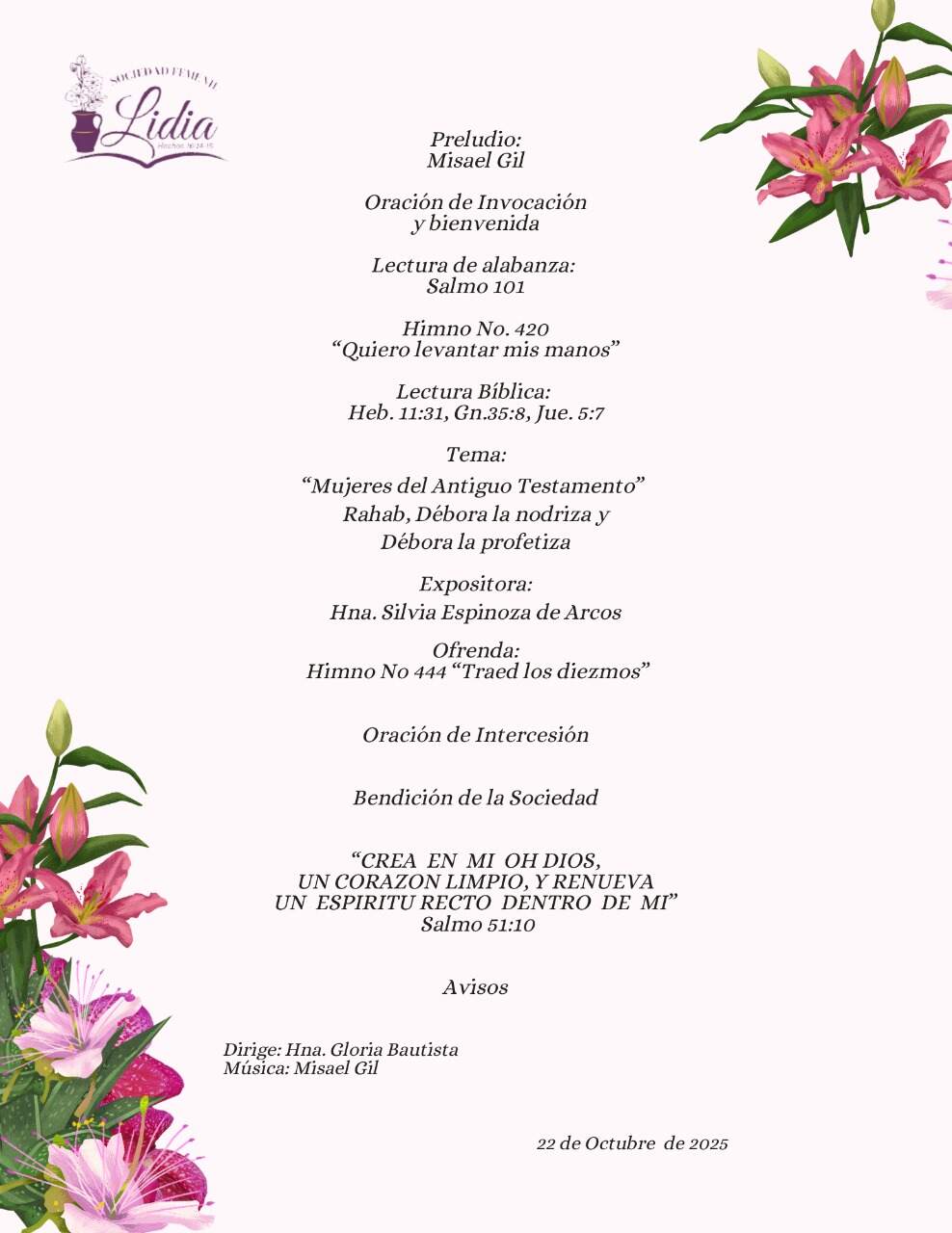 Sociedad Femenil Lidia – 22 de octubre, 2025 - Berith